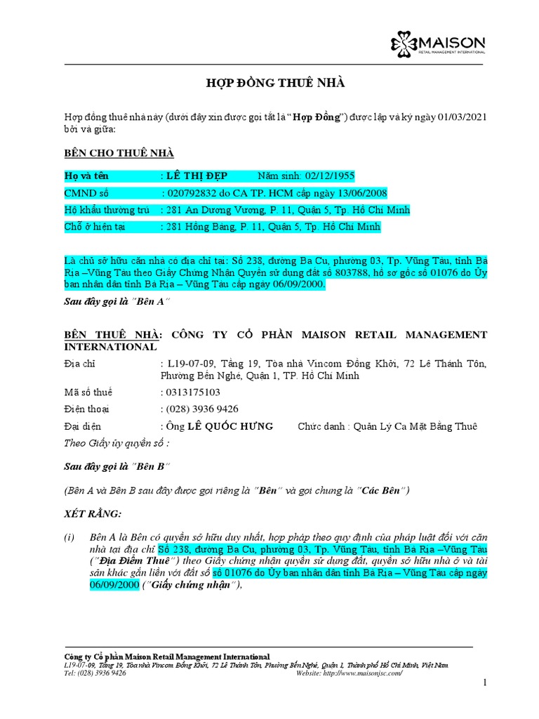 238 Ba Cu - Hop Dong Thue Nha | PDF