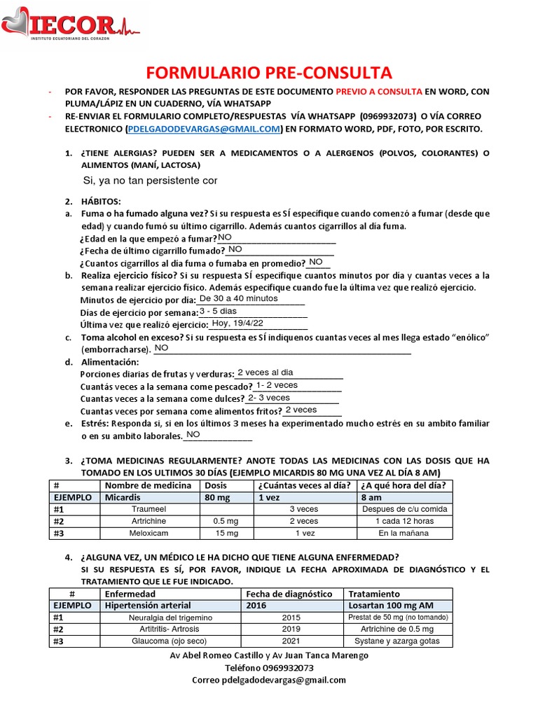 Formulario Pre-Consulta Primera Vez y Valoración Preoperatoria - Llenado | PDF | Hipertensión ...