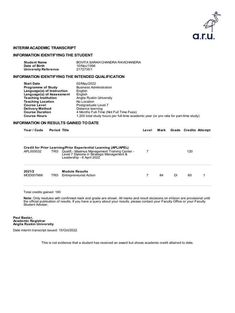 Interim Academic Transcript Information Identifying The Student | PDF