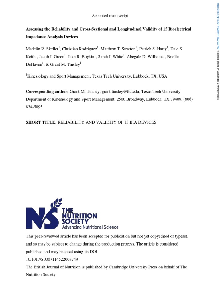 Assessing The Reliability and Crosssectional and Longitudinal Validity of 15 Bioelectrical ...