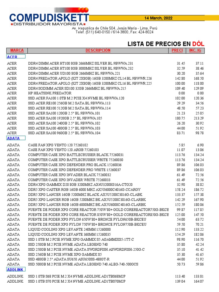Lista de Precios 14.03.22 t.c3.72 | PDF | Computer Architecture ...
