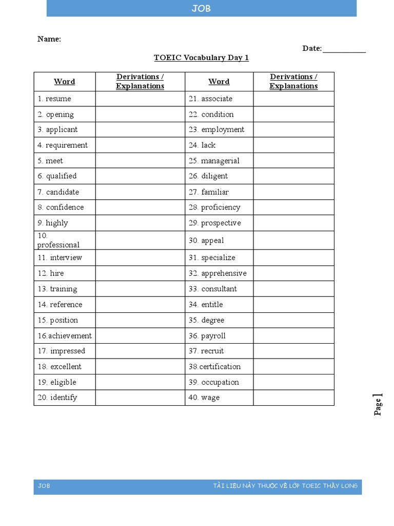 TOEIC Vocabulary Day 1 Guide | PDF