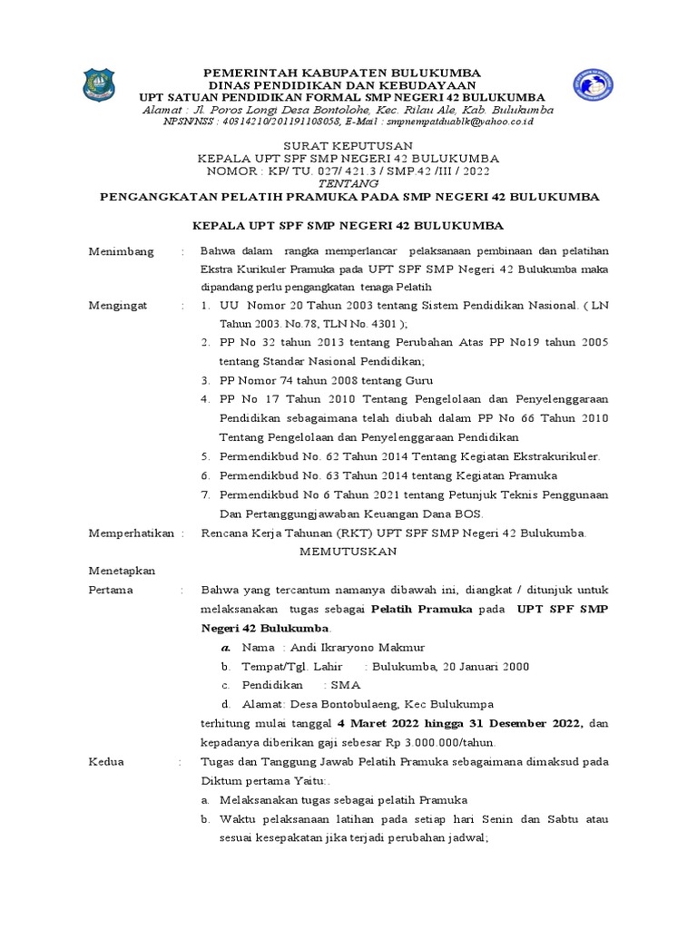 27 SK Pelatih Pramuka Dan Materi | PDF