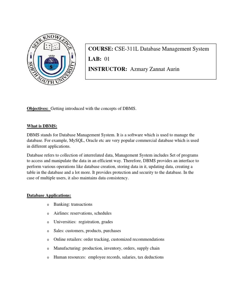 CSE - 311L, Lab - 01 | PDF | Relational Database | Databases CSE - 311L, Lab - 01 | PDF | Relational Database | Databases