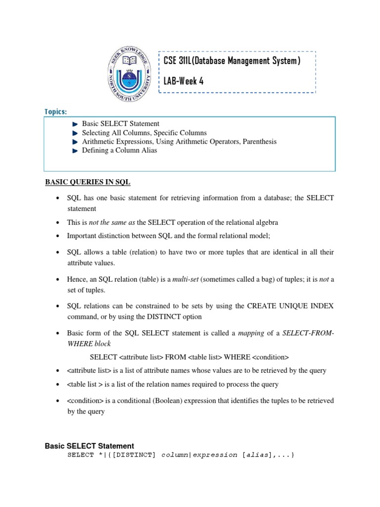 CSE311L Week - 4 | PDF | Relational Model | Sql