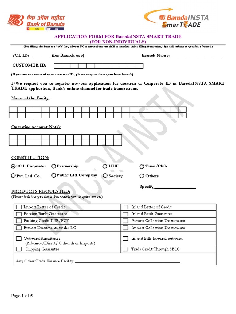Annexure IV - BarodaINSTA Appln Form - Non Individual - Final | PDF | Letter Of Credit | Justice