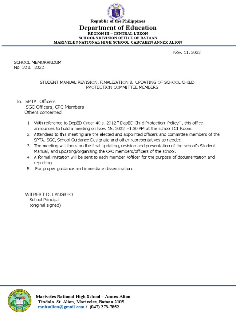 Updating the Student Manual and Child Protection Committee for ...