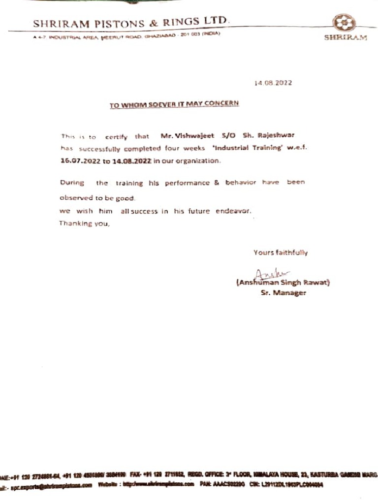 Industrial Training Certificate | PDF