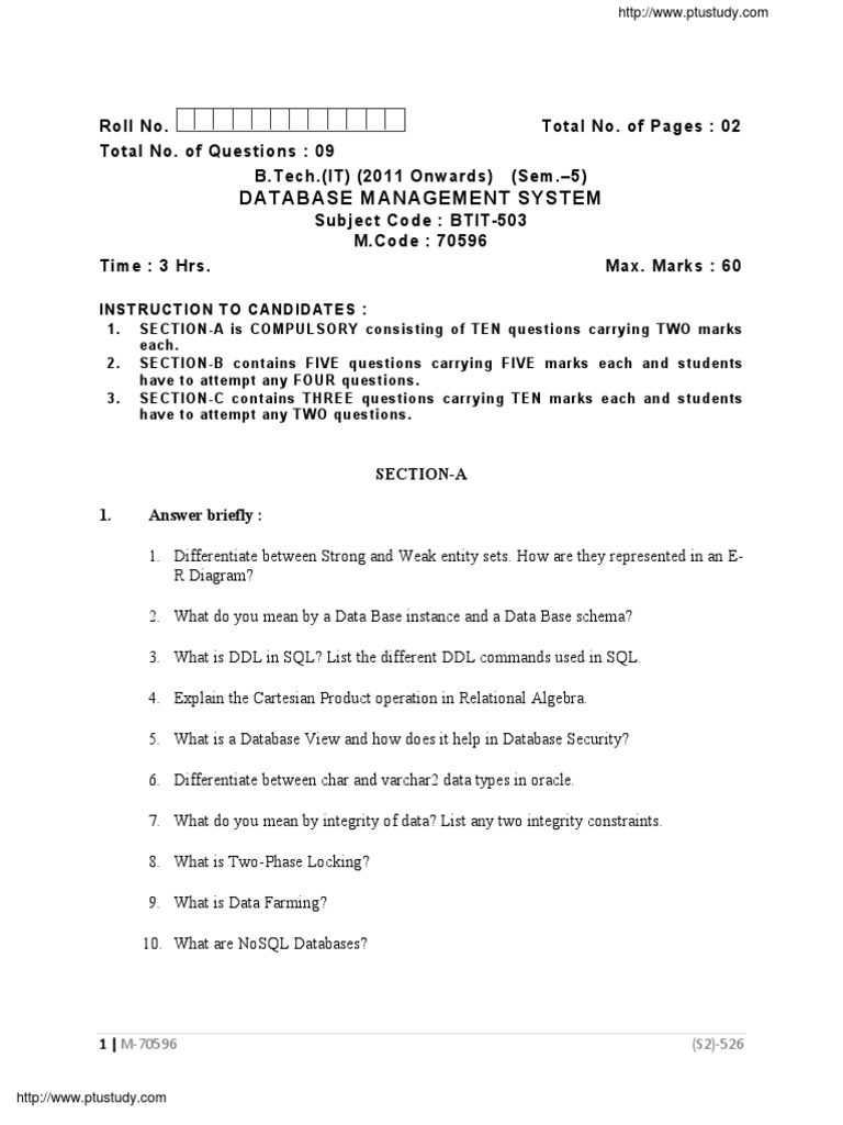 Ptu Dbms Question Papers | PDF | Databases | Sql