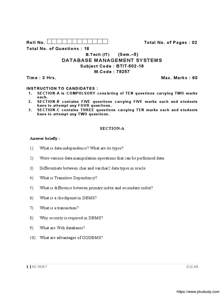 B.Tech IT Database Management Exam | PDF | Databases | Relational Database