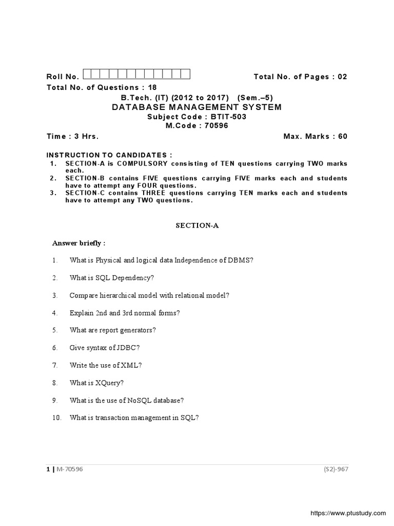 Ptu Dbms Dec 2020 Question Paper | PDF | Databases | Relational Model