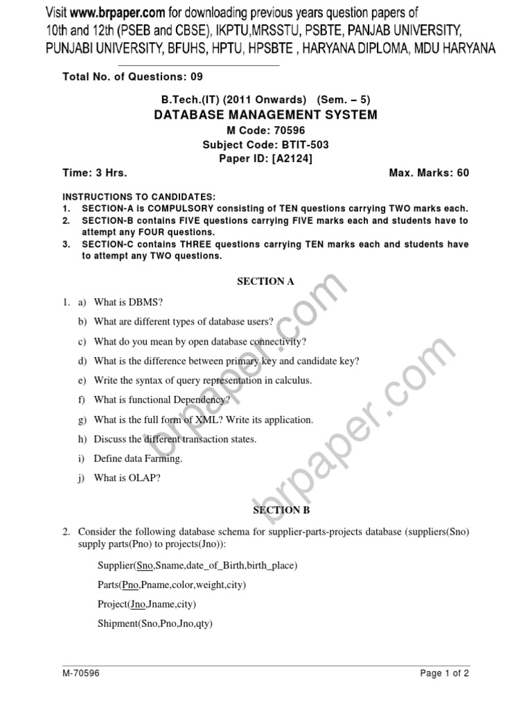 Ptu DBMS (5th) May2018 Question Paper | PDF | Databases | Relational Model
