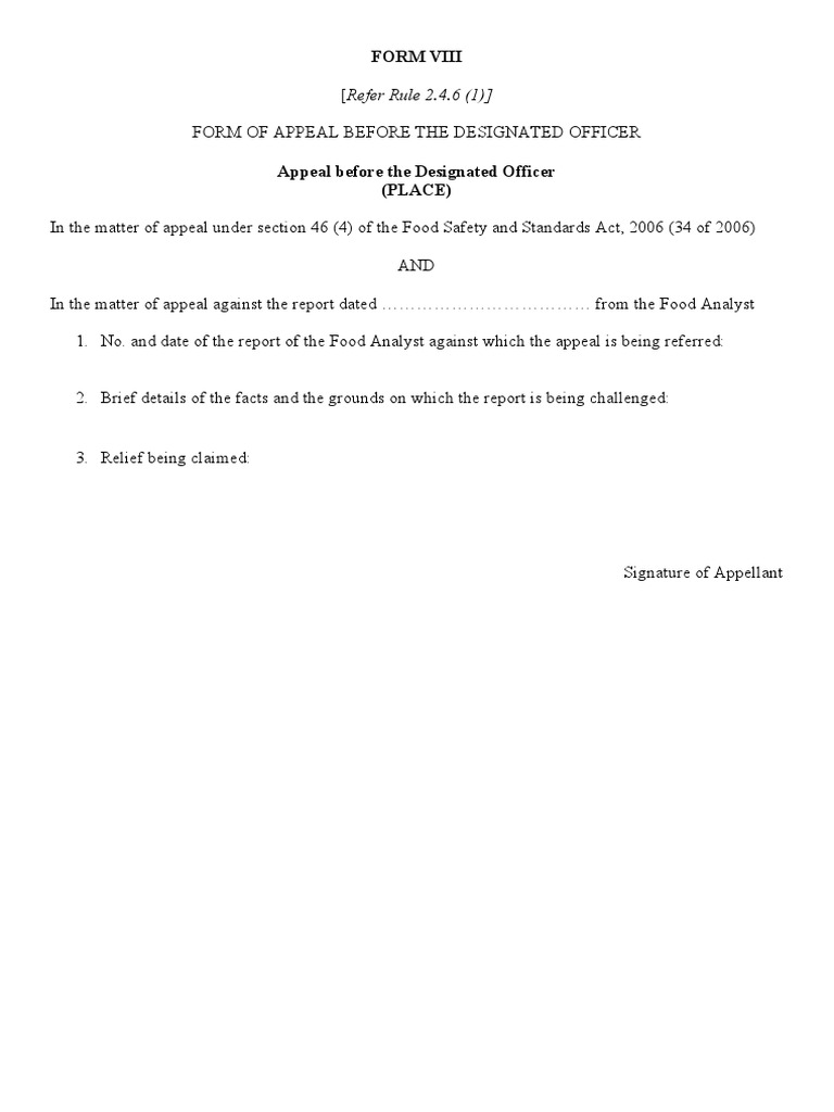 FSSAI Form VIII Appeal Template | PDF