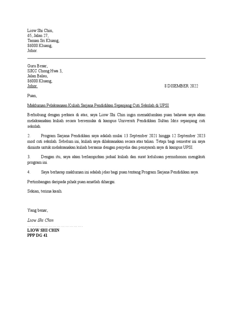 Surat Rasmi Makluman Belajar Di UPSI - Contoh - My | PDF
