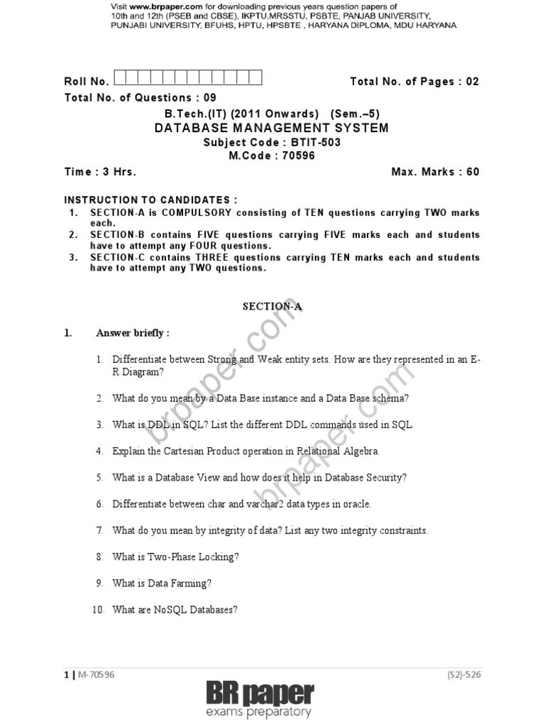 Ptu DBMSMay2019 Question Paper | PDF | Databases | Sql