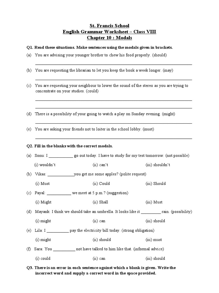 Class VIII Modals Grammar Worksheet | PDF | Language Arts & Discipline