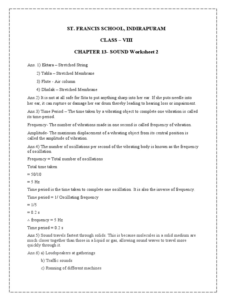 Sound Chapter Worksheet Class 8 | PDF