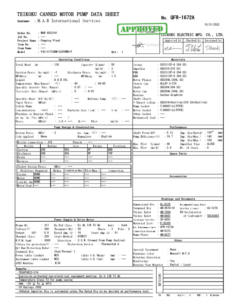 Approval Drawings FR1672A_apprvd | PDF | Pump | Electric Motor