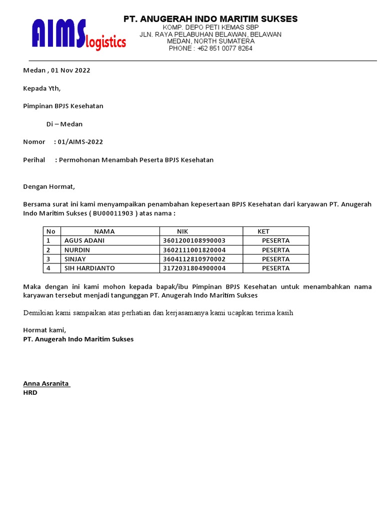 Surat Permohonan Penambahan Peserta Bpjs Kes | PDF Surat Permohonan Penambahan Peserta Bpjs Kes | PDF