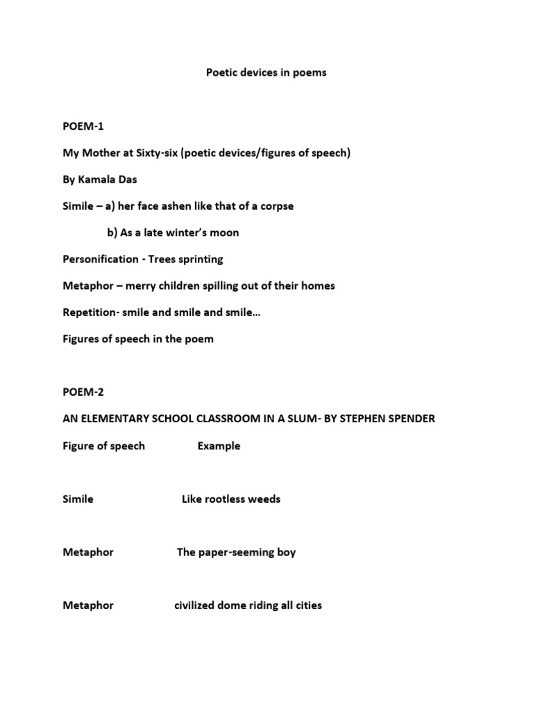 Poetic Devices of All Poems Xii English | PDF | Metaphor