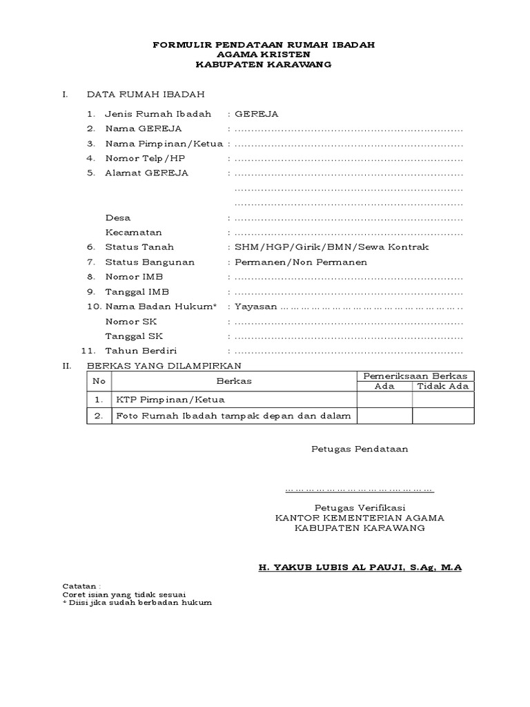 Formulir Pendataan Rumah Ibadah Kristen Buddha Katolik Konghucu Hindu Pdf