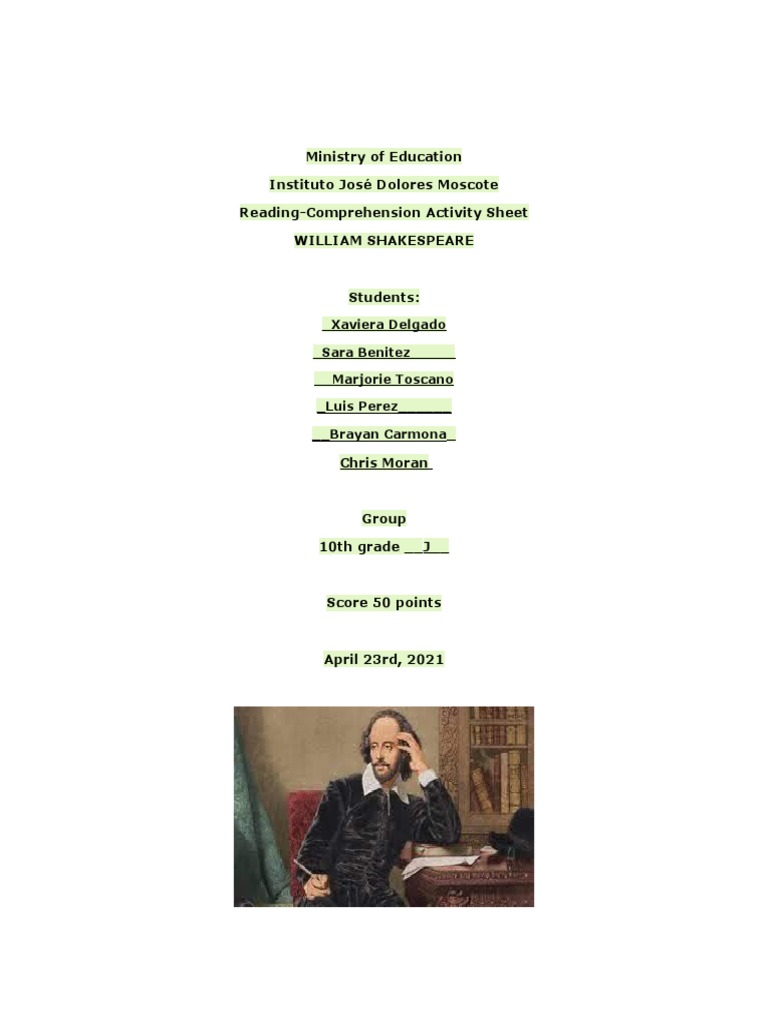 William Shakespeare Reading Activity | PDF | William Shakespeare | Plays