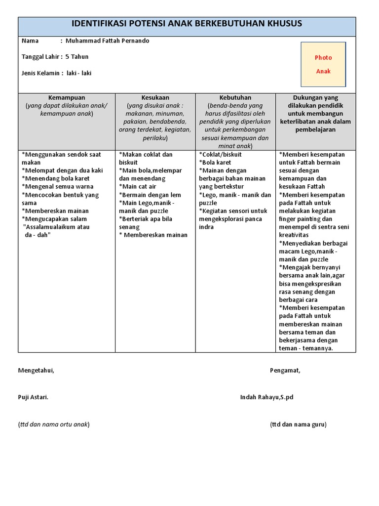 Form Mengidentifikasi POTENSI Anak Dengan Kebutuhan Khusus | PDF