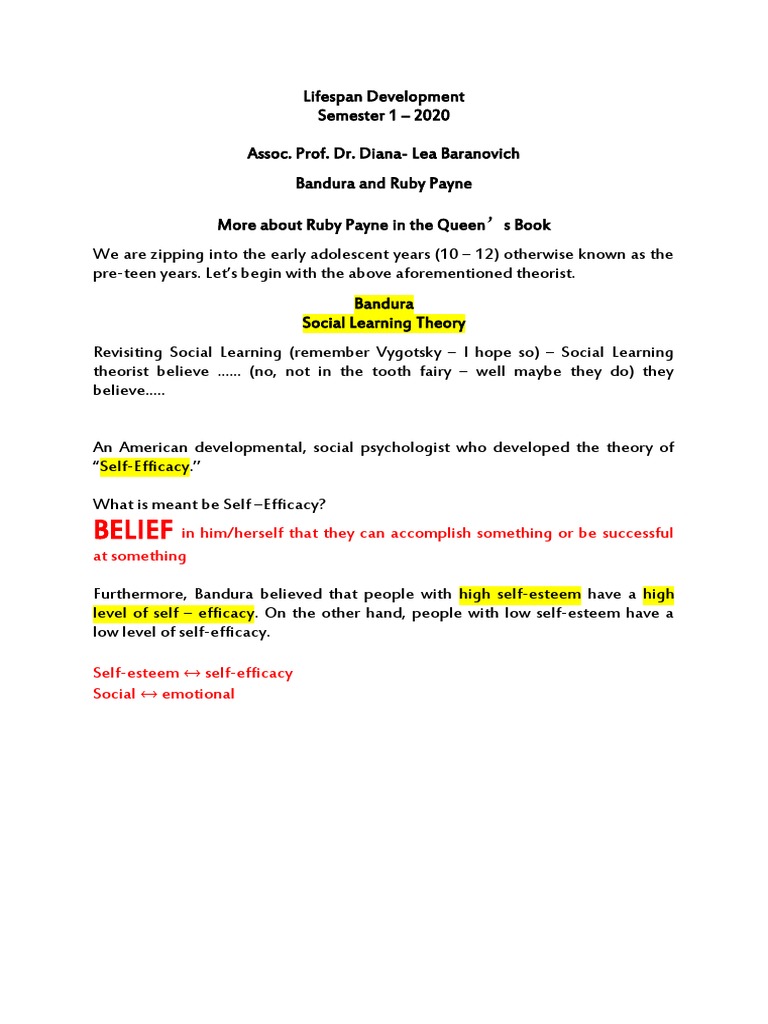 Bandura's Self-Efficacy & Payne's Poverty Theory | PDF | Self Efficacy ...