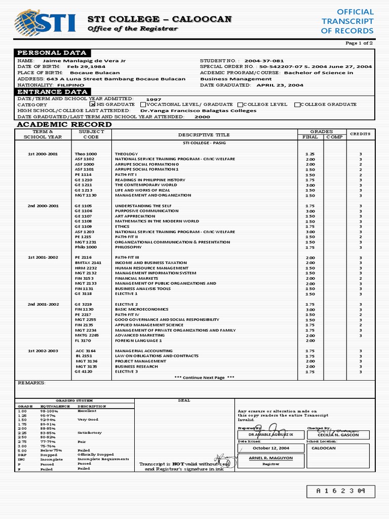 Jaime Manlapig de Vera Jr's Official Transcript from STI College ...