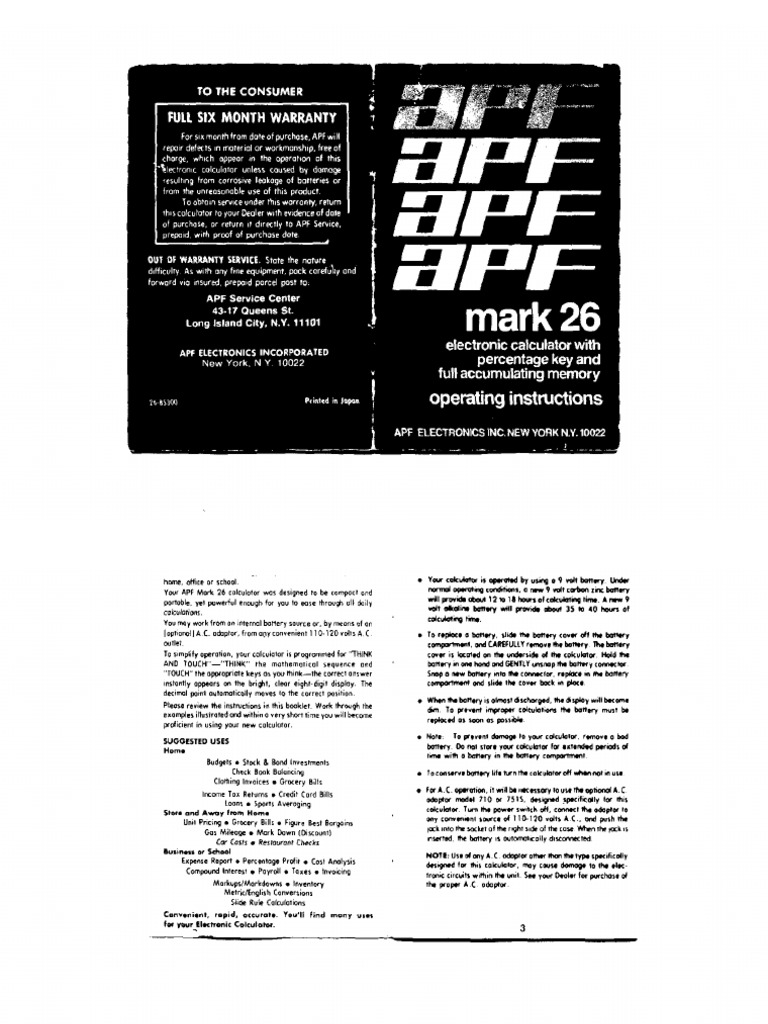 APF Mark 26 Electronic Calculator Manual | PDF