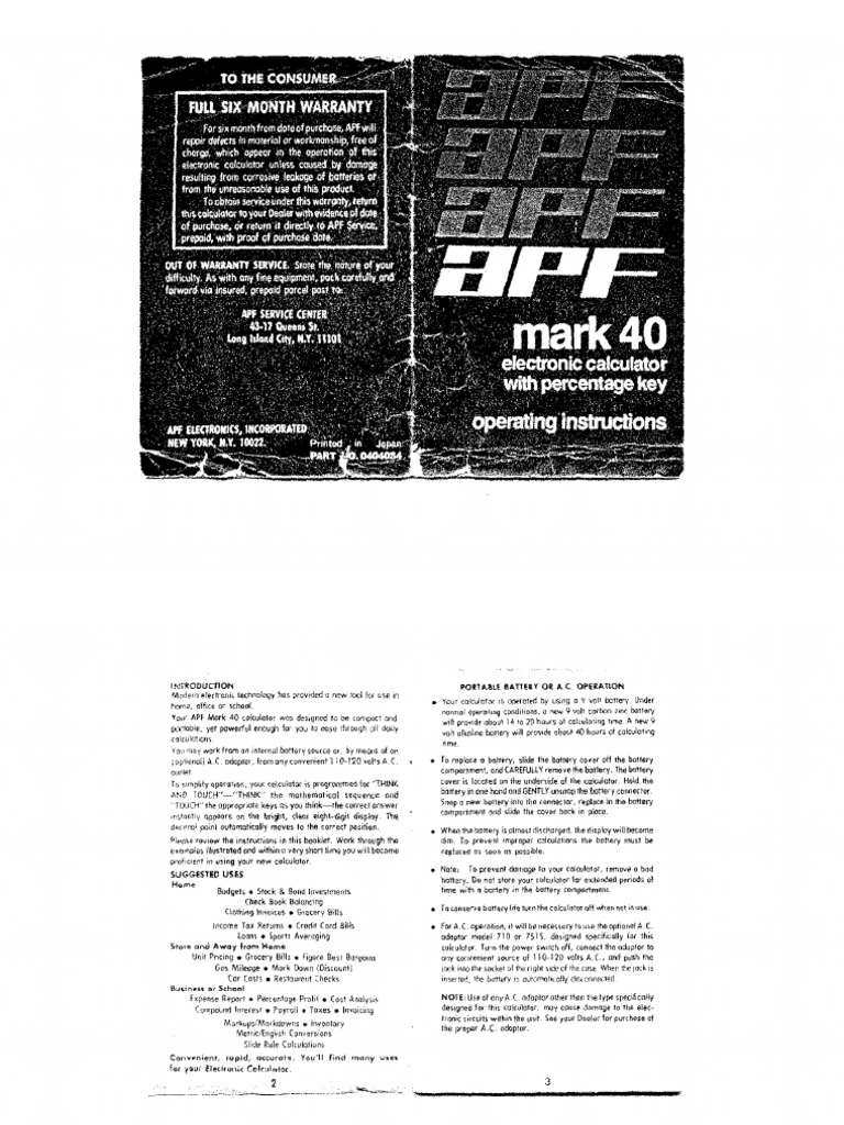 APF Mark 40 Electronic Calculator Manual | PDF