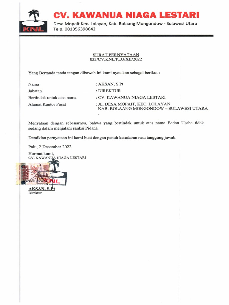 Surat Pernyataan Tidak DLM Sanksi Pidana | PDF