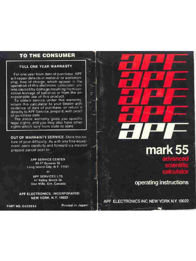 APF Mark 55 Electronic Calculator Manual | PDF | Mathematical Notation | Notation