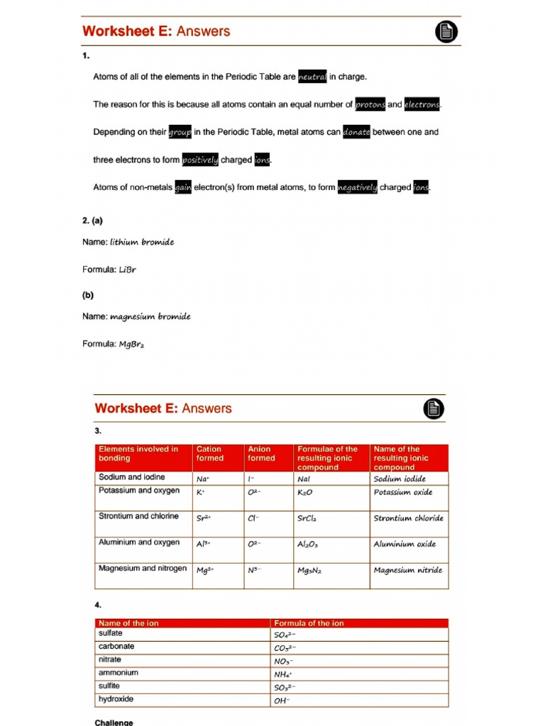 Answers To The Worksheets On Naming Compounds and Chemical Formulas | PDF