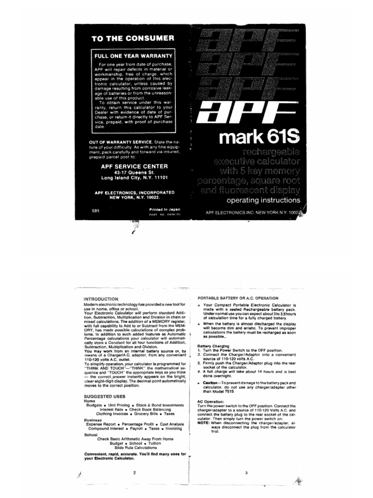 APF Mark 61S Calculator Manual | PDF
