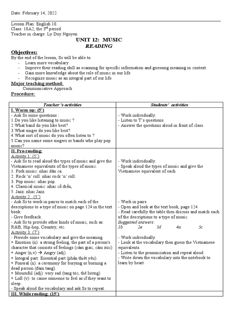 Unit 12: Music Lesson Plan for English 10 | PDF | Lesson Plan | Vocabulary