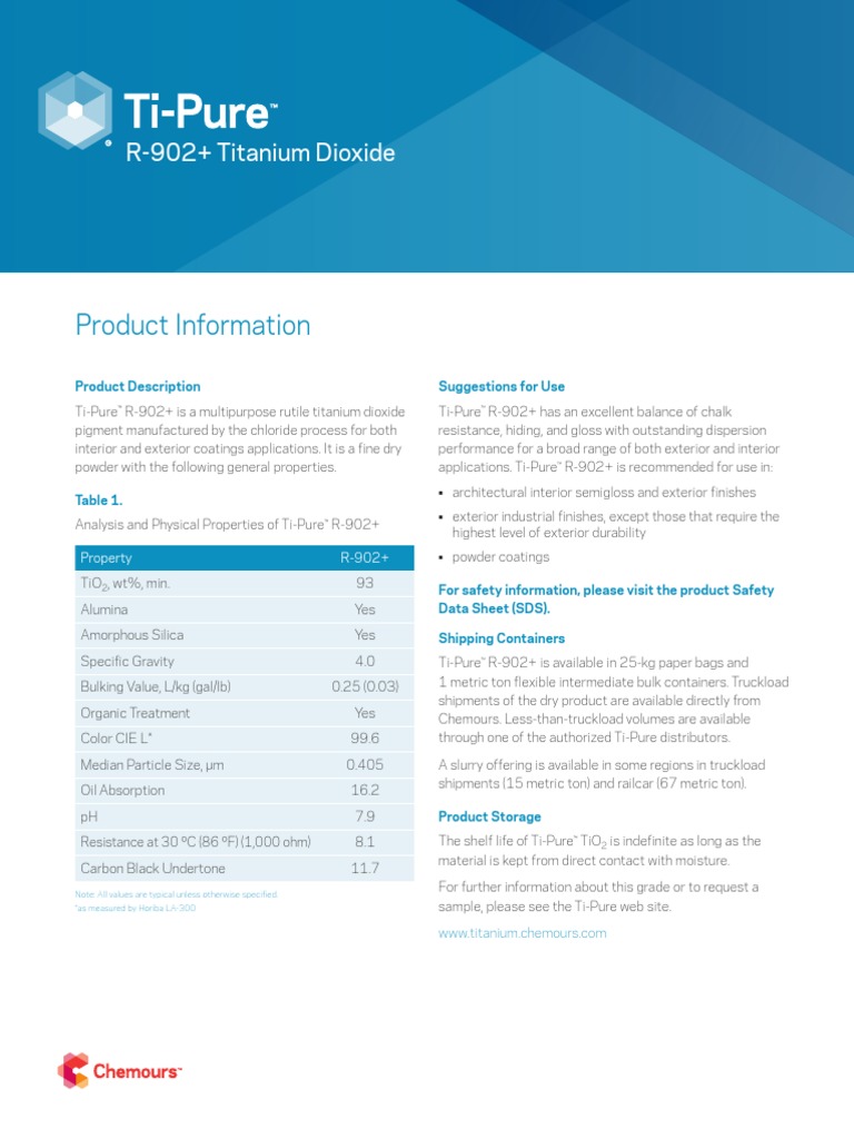 Chemours Ti-Pure R-902+ TDS | PDF | Titanium Dioxide | Materials