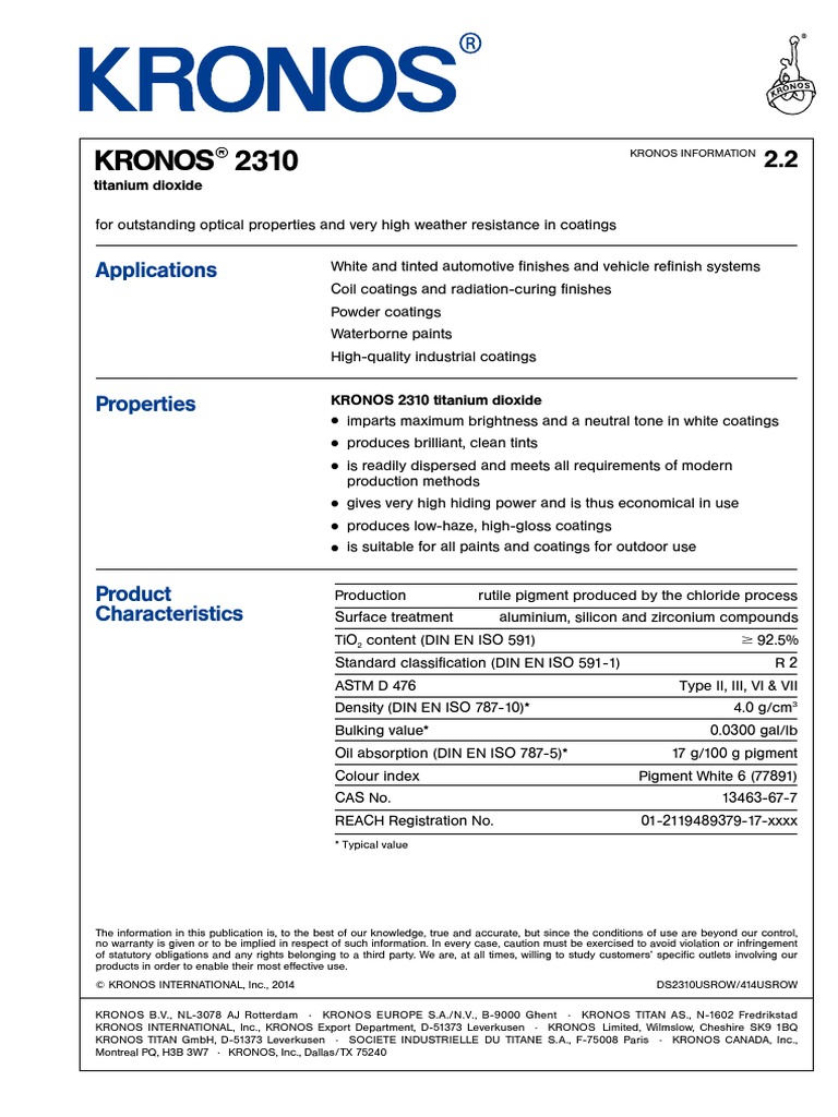 TDS - Kronos 2310 Titan | PDF | Titanium Dioxide | Metals