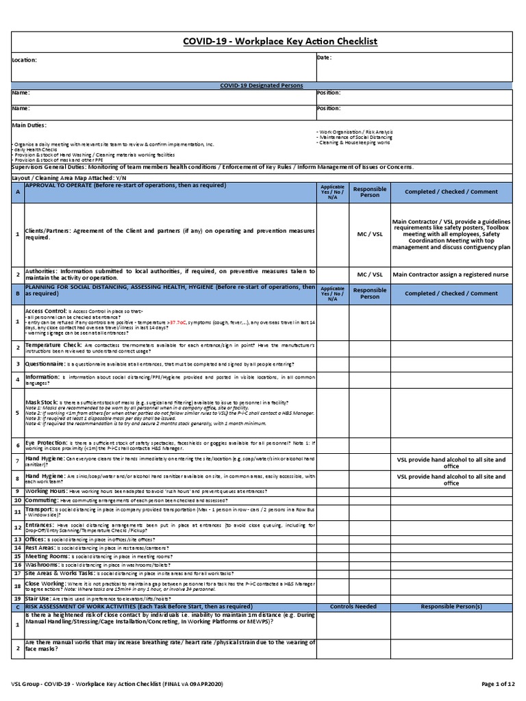 COVID-19 - Workplace Key Action Checklist | PDF | Hygiene | Personal ...