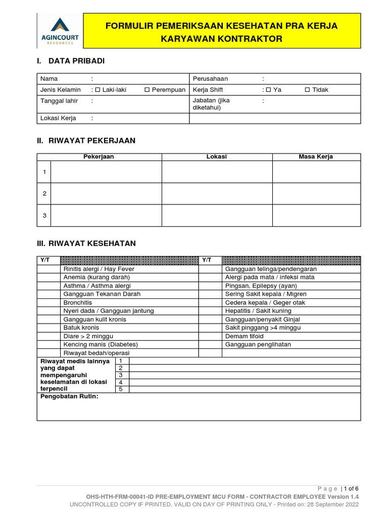 Pre-Employment MCU Form - Contractor Employee - ID | PDF