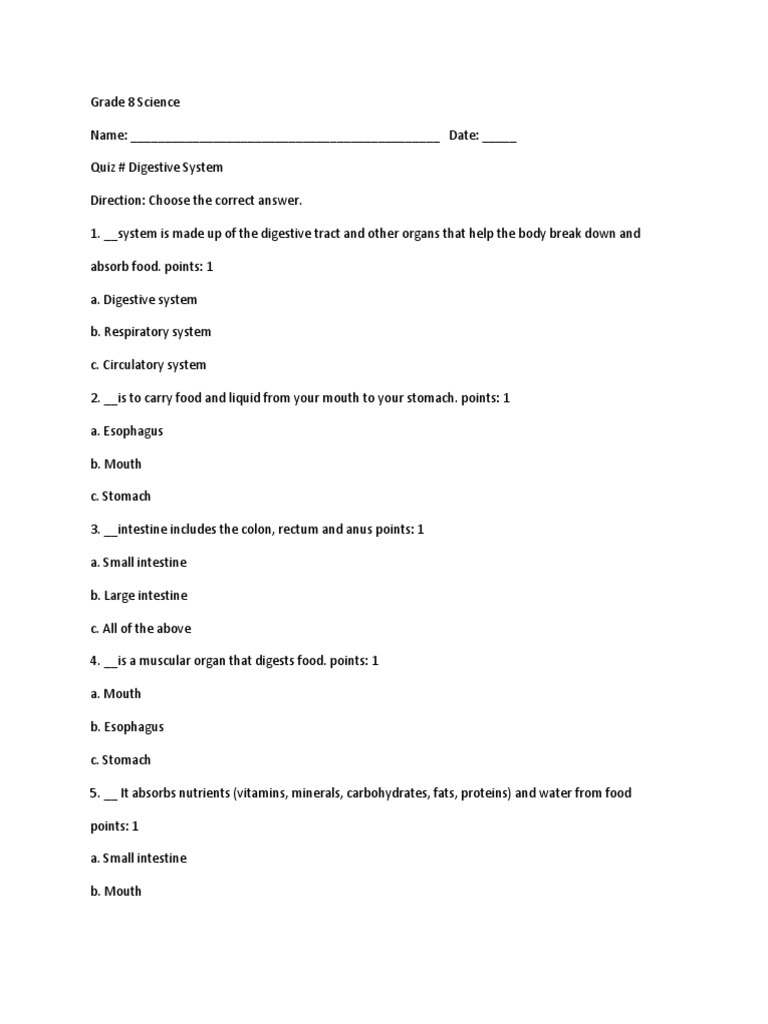 Quiz and Activity Grade 8 Science | PDF | Mitosis | Human Digestive System
