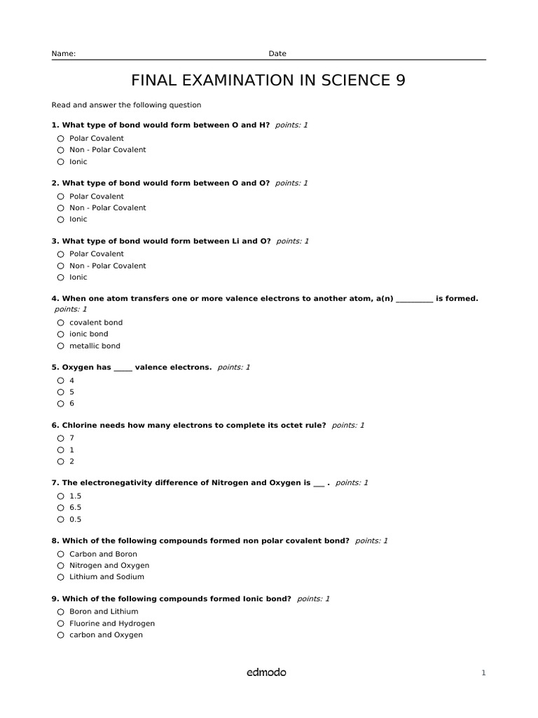 Final Examination in Science 9 | PDF | Chemical Bond | Covalent Bond