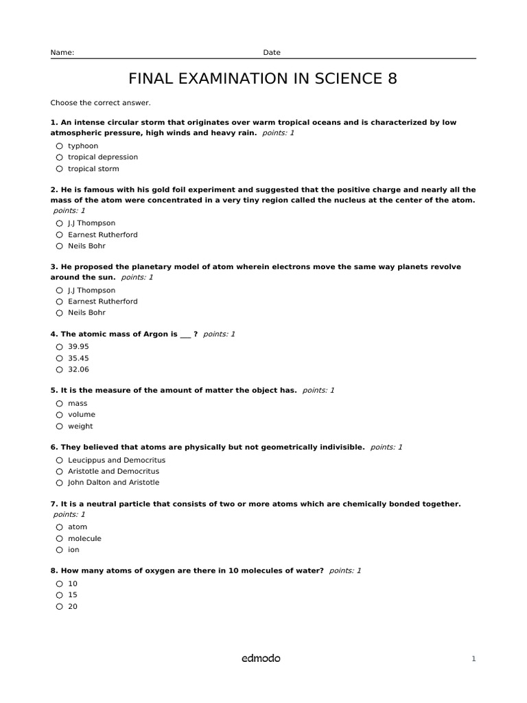 Final Examination in Science 8 | PDF | Atoms | Force