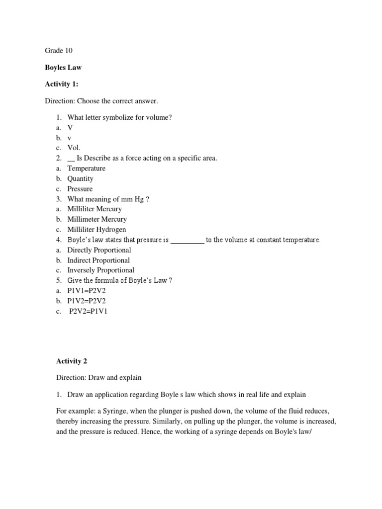 Boyle's and Charles' Law Quiz for Grade 10 | PDF | Gases | Pressure