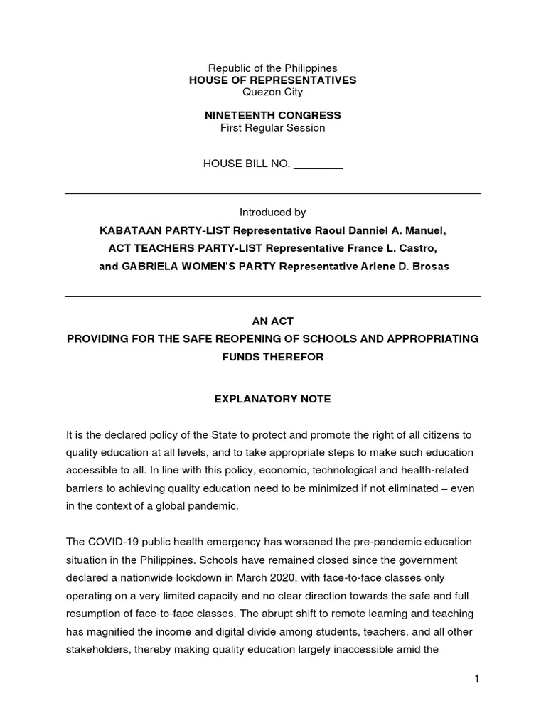 Manuel - Raoul - HB - 1 Safe Schools Reopening Bill | PDF | Schools | Risk