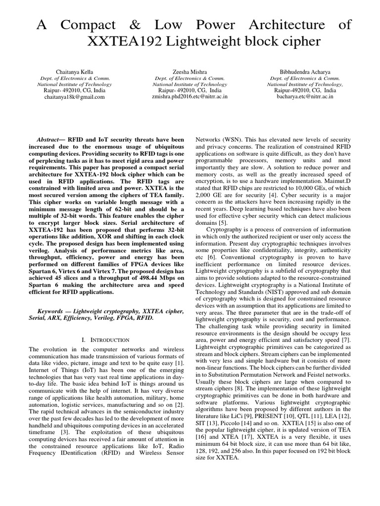 A Compact & Low Power Architecture of XXTEA192 Lightweight Block Cipher | PDF | Cryptography ...