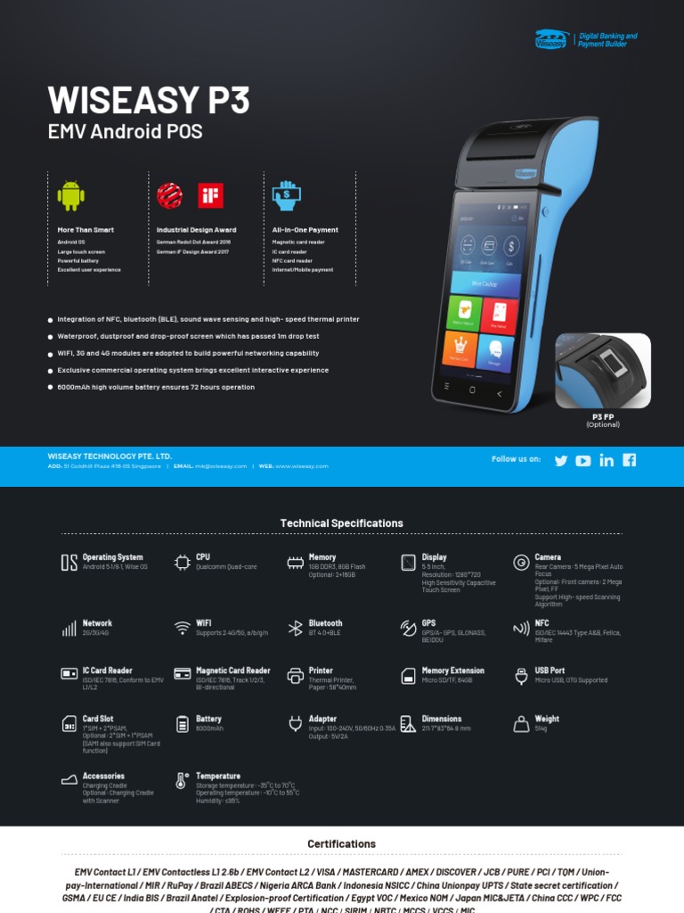 Wiseasy P3: EMV Android POS | PDF | Smart Card | Emv