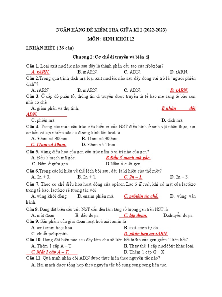 Sinh Gi A Kì 12 | PDF