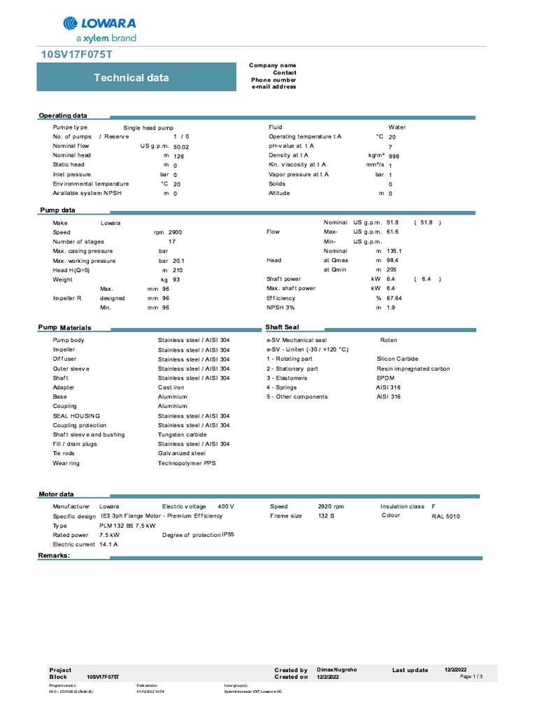 Jockey FP 50 Usgpm @126 M | PDF | Pump | Chemical Engineering