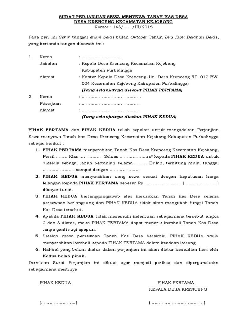 Contoh Surat Perjanjian Sewa Menyewa Tanah Kas Desa | PDF
